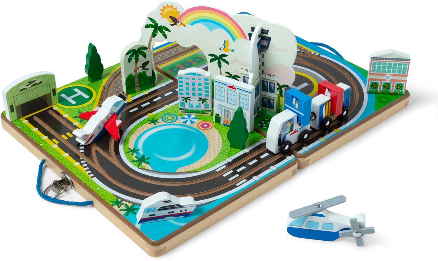 Melissa & Doug テイクアロング 空港プレイセット｜木製乗り物・内蔵レール付き｜3歳以上の男の子・女の子向け FSC認証 飛行機、トラック、ヘリコプターが大集合！ Melissa & Dougの「テイクアロング空港プレイセット」...