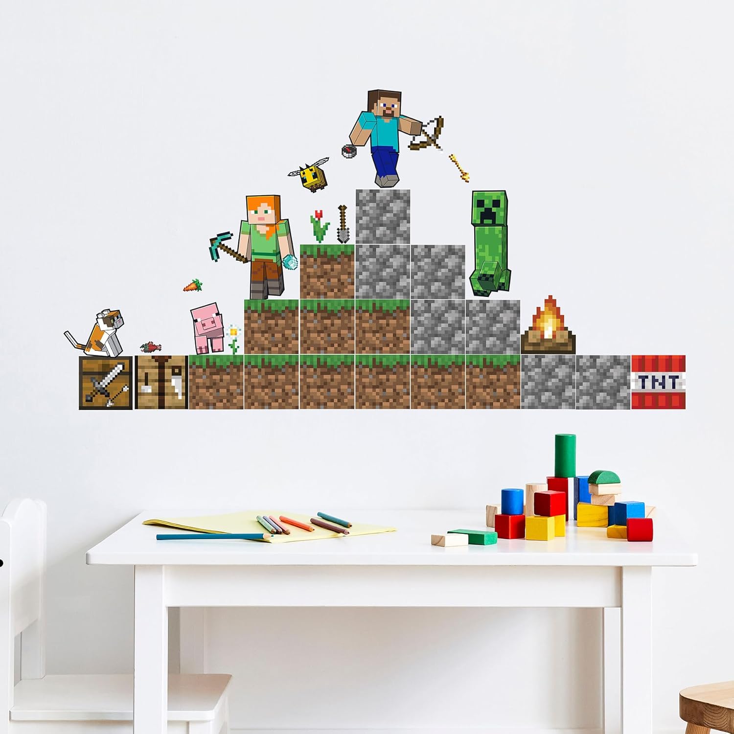 Minecraftの世界観をそのままお部屋に取り入れられる、貼ってはがせるウォールステッカーセットです。スティーブやアレックス、草ブロックなど、ピクセル調のゲーム要素がデザインされており、配置を工夫しながら自分だけのレイアウトを楽しめます。...