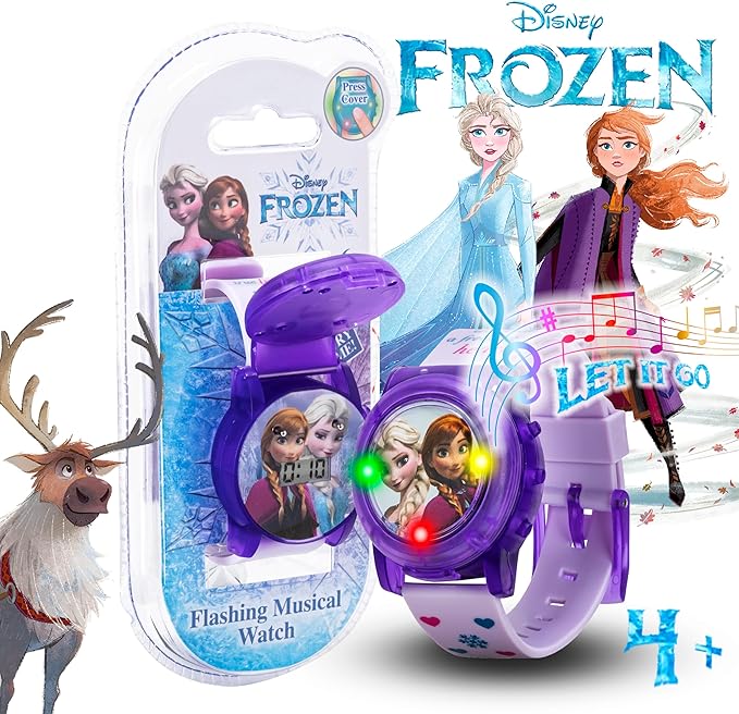 毎日の時間確認に、音楽とライトの楽しさをプラスしたキッズ向けデジタルウォッチです。ボタン操作でカラフルなライトが点滅し、「Let It Go」の楽曲を再生できるミュージカル機能を搭載。エルサとアナのデザインをあしらったストラップと、見やすい...