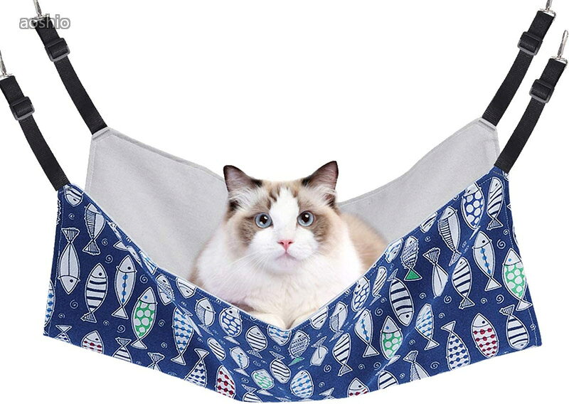 【猫 ハンモック】鮮やかな柄が非常に可愛くて、高級感を溢れて,猫の生活に色彩を増やします。ハンモックの両面とも優れた帆布生地が採用されている,四隅は全部二重縫いで、とても丈夫である,ベルトの長さを調節できます,金物工具は昇級で補強され,折れ...