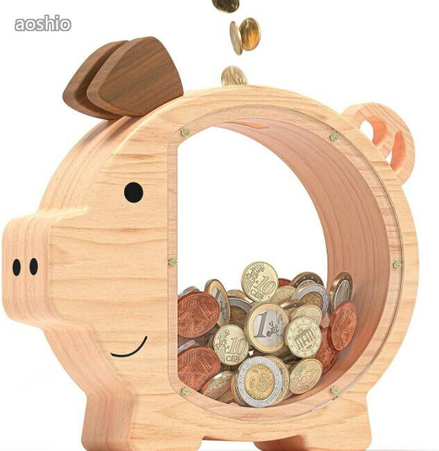 貯金箱 木製 かわいい豚の形 貯金 小銭 男の子 女の子用 透明 木製工芸品飾り コイン箱 置物 誕生日クリスマス プレゼント 子供の誕生日 新年 おもちゃ 宝箱 原木色 簡易包装 6歳以上お金を貯めたい大人や子供に最適です。【高級素材】:...