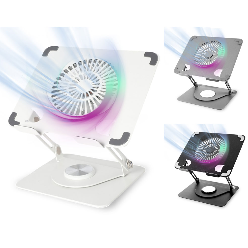 USB給電式 ノートPC用冷却スタンド 2つのヒンジを搭載し角度と高さが調整でき、360°回転もできる スチール製ファン設置型ノートパソコンクーラースタンド。 使用環境に合わせて最適な角度で使用できます。 12枚羽根、直径14cmのファンを...