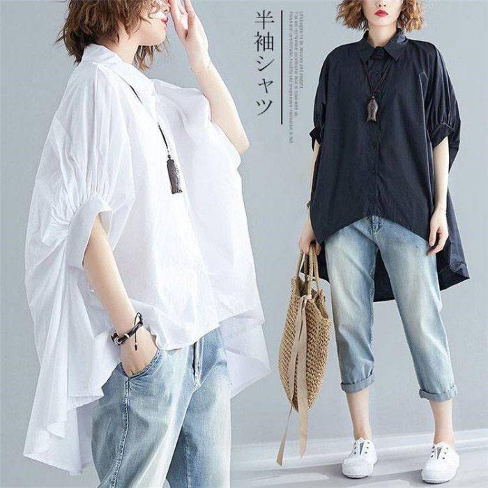 ブラウス トップス シャツ 半袖シャツ ロングシャツ レディース 綿 コットン 不規則 tシャツ プラスサイズ 森ガール トレンド 重ね着 オフィス 通勤 おうちで洗える コロケーション 透けない ゆったり 大きいサイズ 着痩せ 体型カパー...
