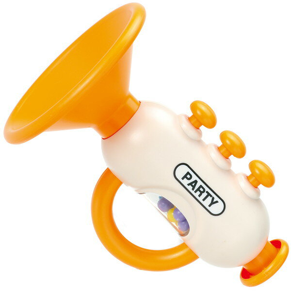カシャカシャトランペット吹いて！振って！音が鳴る！かわいいラッパ！商品説明吹いても振っても音が鳴る、楽しさたっぷりのラッパおもちゃです。吹くとプップーとかわいい音が鳴り、内部にはビーズが入っているので、本体を振るとガラガラとした楽しい音も楽...