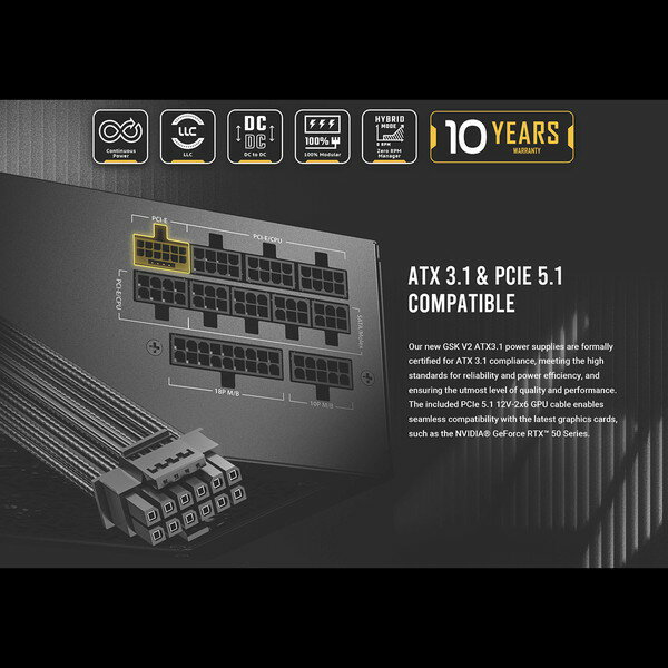 ■製品特徴・80PLUS GOLD 認証取得 高効率高耐久電源ユニット・静音性に優れた120 mmファン搭載・ATX 3.1、PCIe 5.1に対応したフルモジュラー式電源・美観やエアフローに最適なフルモジュラーケーブル・小型ケースに最適な...