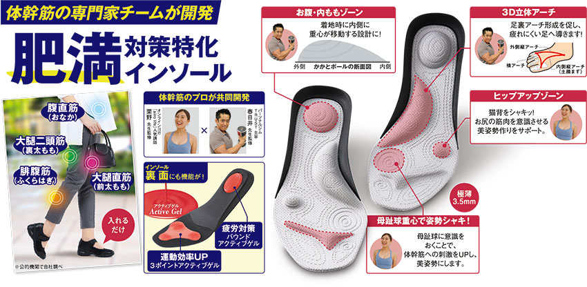 通勤中、お買い物中、お散歩中にもスリムに♪いつもの日常がフィットネスに！筋肉の稼働率をアップして、肥満対策にも期待できるインソールですこのインソールを入れると自然と体幹筋が鍛えられて姿勢も◎！美姿勢のポイントは足裏です！筋肉を使いながら身体...