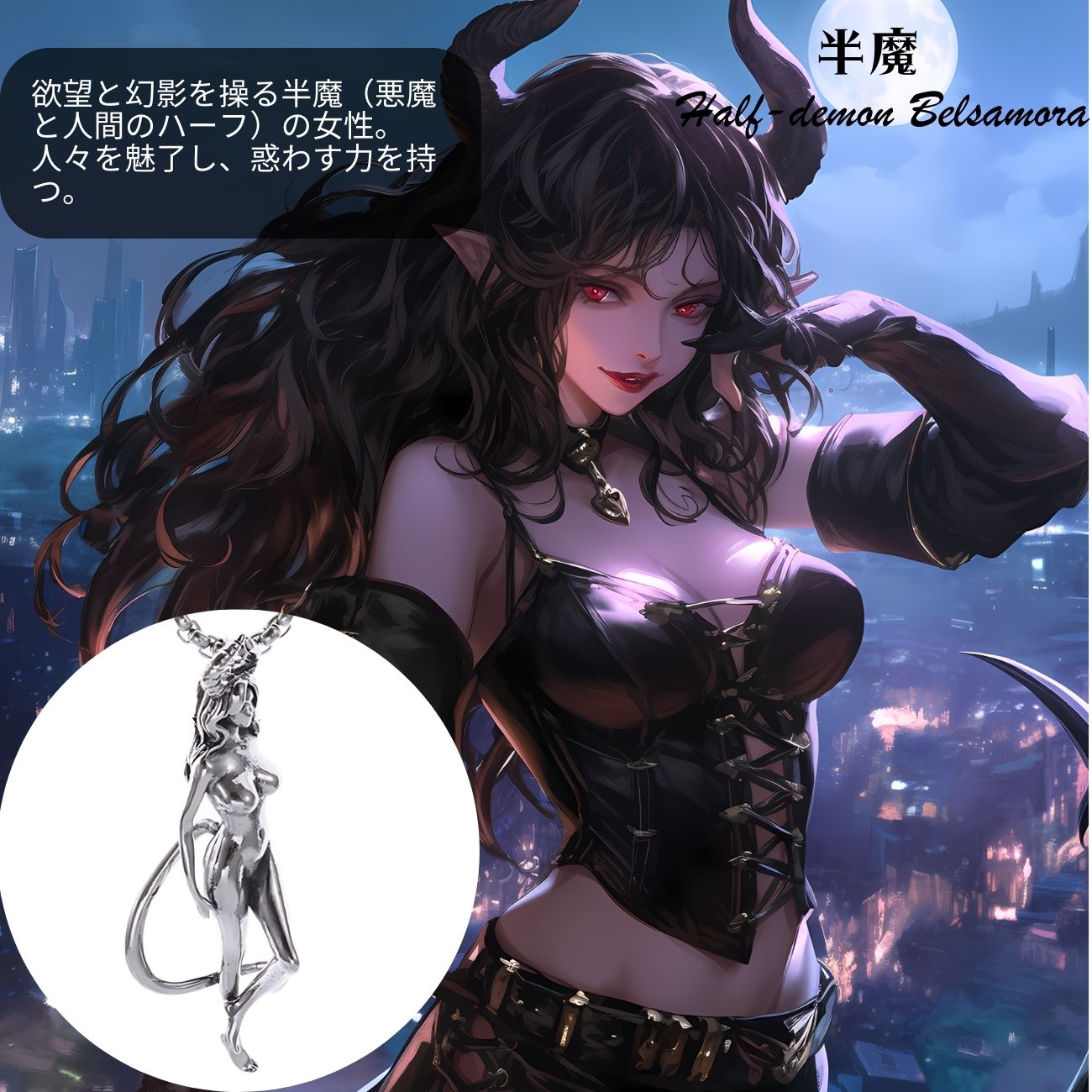 商品名 半魔ベルサモラのメンズネックレス　Half-demon Belsamora necklace 商品の特徴 欲望と幻影を操る半魔（悪魔と人間のハーフ）の女性。人々を魅了し、惑わす力を持つ。「魂ぐらい持っていけ！」と言いたくなるほど魅力...