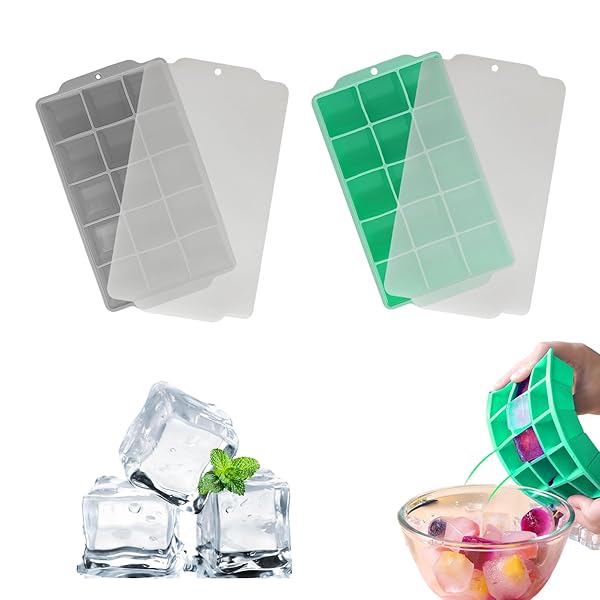 【送料無料】シリコン 製氷器 製氷皿 四角氷（2個入） 製氷機 製氷ケースアイスキューブ 氷トレー ソフト取り出しやすい 蓋付き冷凍保存 耐久性 多用途 DIY 小型製氷機 家庭用 15穴 3.5cm グリーン グレーブランド色无モデルZJ...