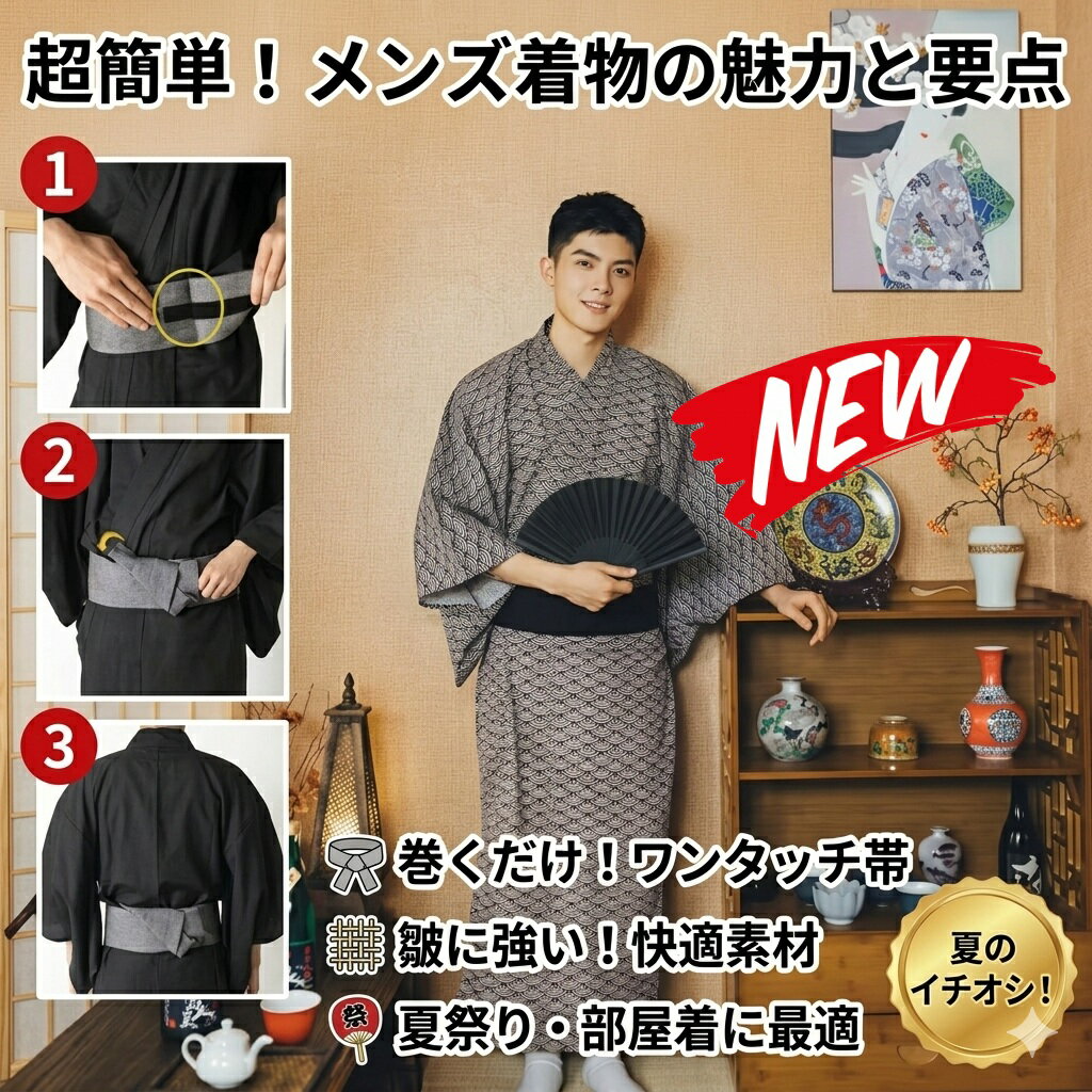 メンズ着物・浴衣｜伝統×モダンの和装スタイル シンプルで美しい和の装いを、もっと気軽に。 伝統的な和のデザインに、現代的な快適さをプラスしたメンズ着物。 軽量で着やすく、日常使いからイベントまで幅広く活躍します。 初心者の方でも簡単に着付け...