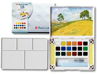 水筆入り18色セットNCW-18H 115.5×158×29mm　300g［セット内容］固形水彩18色、ナイロン製水筆スタンダードサイズ(中)、パレット、スポンジ、説明書(水彩画の描き方)［セット配色］●003　004　014　022　05...
