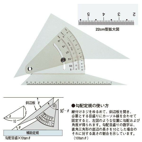 【商品説明】各種の設計製図に使われる精密な勾配定規です。【仕様】・AS製 ・垂辺220x底辺183x厚さ3mm ・グレースモーク ・斜辺比目盛り付き ・斜辺1/100・1/200目盛り付き ・フローティング方式JAN(EAN)コード：490...