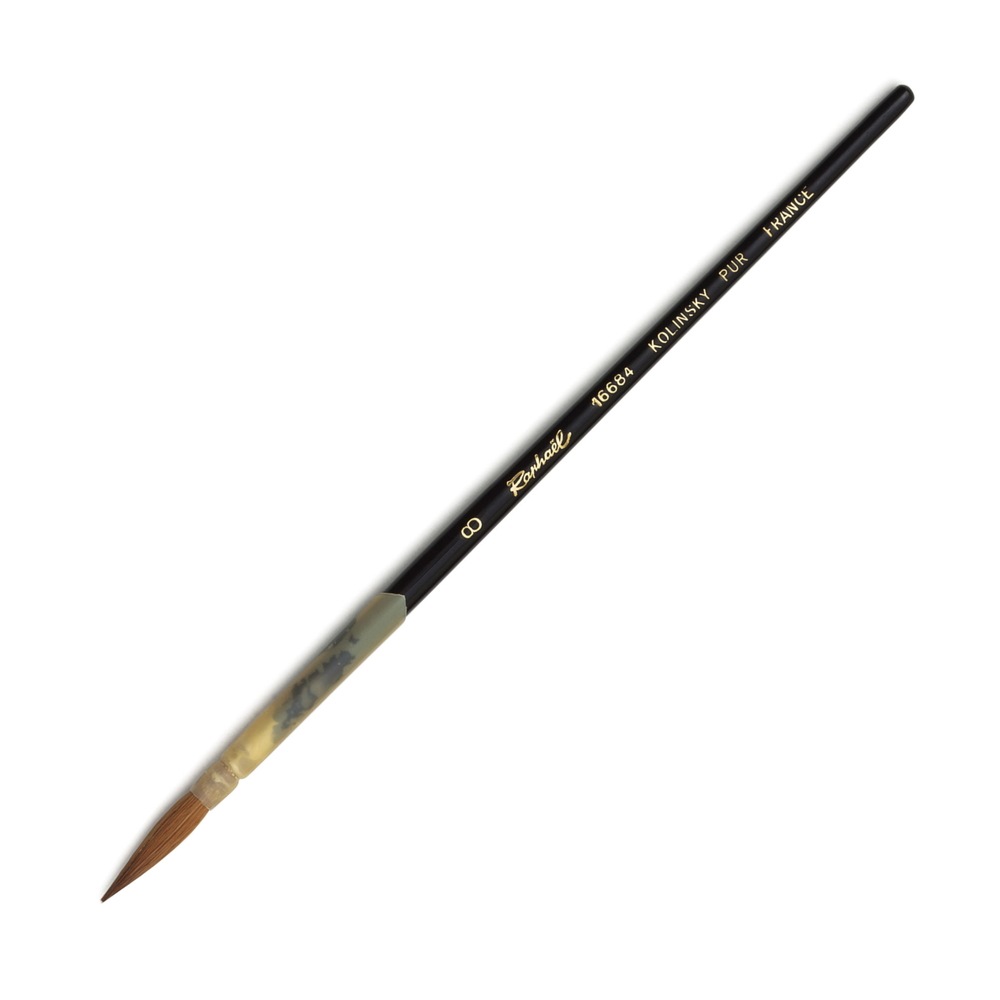 毛質：コリンスキー形状：丸（フランス面相） サイズ：8号　　　　　口金の直径 5mm　　　　毛丈 24mm　特徴：丸、長穂　細密描写、仕上げ備考：フランスのメーカー、ラファエルが提案する面相筆。コリンスキーを使用の為、含みが良く、適度なコシ...