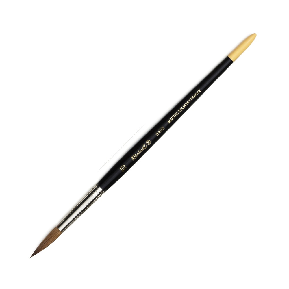 毛質：コリンスキー形状：丸（細描） サイズ：10号　　　　　口金の直径 7mm　　　　毛丈 30mm　特徴：ハンドルの先端が黄色丸、細描き　細密描写備考：最高級のロシア北部のコリンスキーを使用することにより、含みが良く穂先が揃い、適度なコシ...