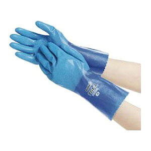 【特徴】●水を通さず透湿性のある素材を使用しているためムレを軽減します。●耐油性・耐洗剤性に優れ、やわらかく丈夫です。●指先と手のひら部分に施した特殊樹脂が、高いすべり止め効果を発揮します。【仕様】●厚み：約0.8mm●色：ブルー●サイズ：...