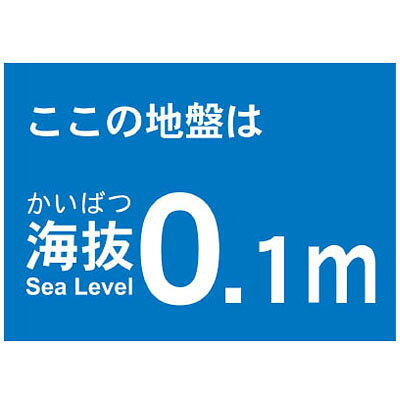 特徴屋内外使用可能です。仕様取付方法：貼付タイプ縦×横：120×170mm取付仕様：粘着シール表示内容：ここの地盤は海抜0.1m質量(g)：17材質・仕上げ塩化ビニール(PVC)注意事項貼り付ける面のゴミ・油等を拭きとってください。生産国 日本