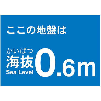 特徴屋内外使用可能です。仕様取付方法：貼付タイプ縦×横：120×170mm取付仕様：粘着シール表示内容：ここの地盤は海抜0.6m質量(g)：17材質・仕上げ塩化ビニール(PVC)注意事項貼り付ける面のゴミ・油等を拭きとってください。生産国 日本