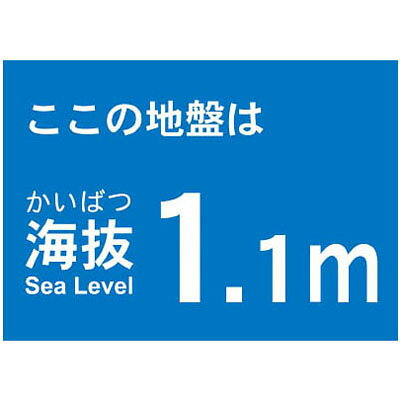 特徴屋内外使用可能です。仕様取付方法：貼付タイプ縦×横：120×170mm取付仕様：粘着シール表示内容：ここの地盤は海抜1.1m質量(g)：17材質・仕上げ塩化ビニール(PVC)注意事項貼り付ける面のゴミ・油等を拭きとってください。生産国 日本