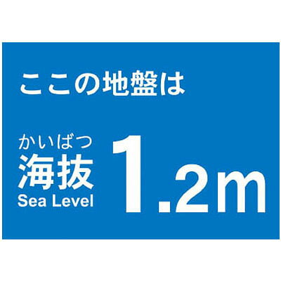 特徴屋内外使用可能です。仕様取付方法：貼付タイプ縦×横：120×170mm取付仕様：粘着シール表示内容：ここの地盤は海抜1.2m質量(g)：17材質・仕上げ塩化ビニール(PVC)注意事項貼り付ける面のゴミ・油等を拭きとってください。生産国 日本
