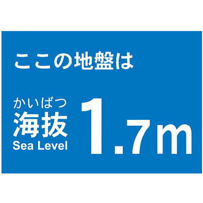 特徴屋内外使用可能です。仕様取付方法：貼付タイプ縦×横：120×170mm取付仕様：粘着シール表示内容：ここの地盤は海抜1.7m質量(g)：17材質・仕上げ塩化ビニール(PVC)注意事項貼り付ける面のゴミ・油等を拭きとってください。生産国 日本