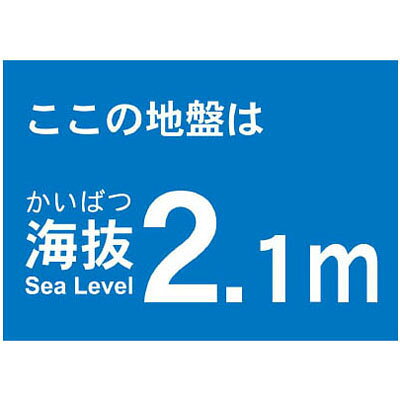 特徴屋内外使用可能です。仕様取付方法：貼付タイプ縦×横：120×170mm取付仕様：粘着シール表示内容：ここの地盤は海抜2.1m質量(g)：17材質・仕上げ塩化ビニール(PVC)注意事項貼り付ける面のゴミ・油等を拭きとってください。生産国 日本