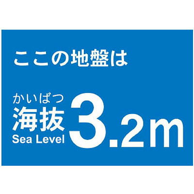 特徴屋内外使用可能です。仕様取付方法：貼付タイプ縦×横：120×170mm取付仕様：粘着シール表示内容：ここの地盤は海抜3.2m質量(g)：17材質・仕上げ塩化ビニール(PVC)注意事項貼り付ける面のゴミ・油等を拭きとってください。生産国 日本