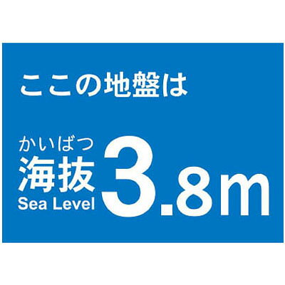 特徴屋内外使用可能です。仕様取付方法：貼付タイプ縦×横：120×170mm取付仕様：粘着シール表示内容：ここの地盤は海抜3.8m質量(g)：17材質・仕上げ塩化ビニール(PVC)注意事項貼り付ける面のゴミ・油等を拭きとってください。生産国 日本