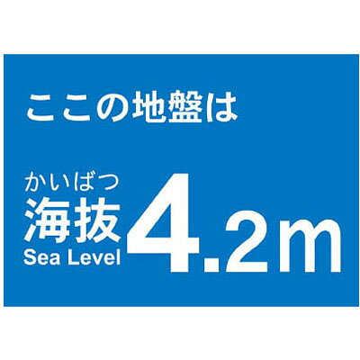 特徴屋内外使用可能です。仕様取付方法：貼付タイプ縦×横：120×170mm取付仕様：粘着シール表示内容：ここの地盤は海抜4.2m質量(g)：17材質・仕上げ塩化ビニール(PVC)注意事項貼り付ける面のゴミ・油等を拭きとってください。生産国 日本
