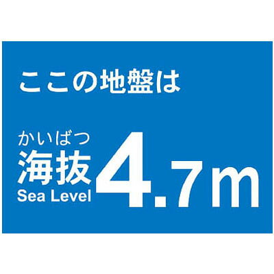 特徴屋内外使用可能です。仕様取付方法：貼付タイプ縦×横：120×170mm取付仕様：粘着シール表示内容：ここの地盤は海抜4.7m質量(g)：17材質・仕上げ塩化ビニール(PVC)注意事項貼り付ける面のゴミ・油等を拭きとってください。生産国 日本