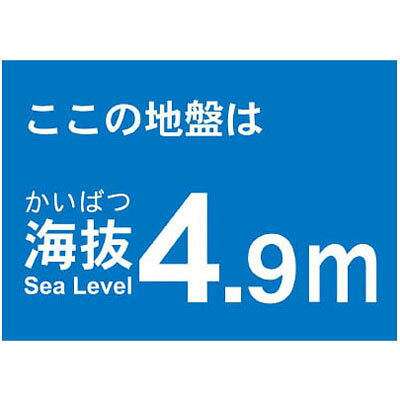 特徴屋内外使用可能です。仕様取付方法：貼付タイプ縦×横：120×170mm取付仕様：粘着シール表示内容：ここの地盤は海抜4.9m質量(g)：17材質・仕上げ塩化ビニール(PVC)注意事項貼り付ける面のゴミ・油等を拭きとってください。生産国 日本