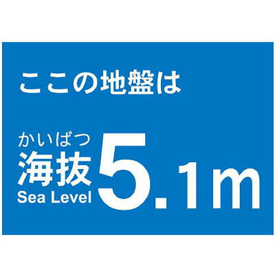 特徴屋内外使用可能です。仕様取付方法：貼付タイプ縦×横：120×170mm取付仕様：粘着シール表示内容：ここの地盤は海抜5.1m質量(g)：17材質・仕上げ塩化ビニール(PVC)注意事項貼り付ける面のゴミ・油等を拭きとってください。生産国 日本