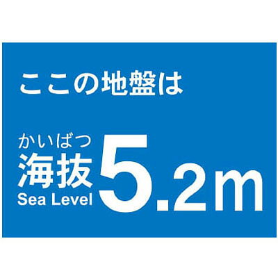 特徴屋内外使用可能です。仕様取付方法：貼付タイプ縦×横：120×170mm取付仕様：粘着シール表示内容：ここの地盤は海抜5.2m質量(g)：17材質・仕上げ塩化ビニール(PVC)注意事項貼り付ける面のゴミ・油等を拭きとってください。生産国 日本
