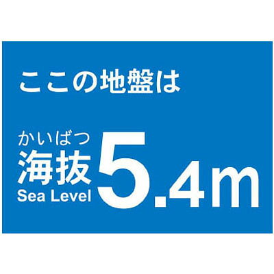 特徴屋内外使用可能です。仕様取付方法：貼付タイプ縦×横：120×170mm取付仕様：粘着シール表示内容：ここの地盤は海抜5.4m質量(g)：17材質・仕上げ塩化ビニール(PVC)注意事項貼り付ける面のゴミ・油等を拭きとってください。生産国 日本