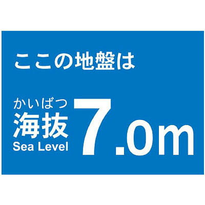 特徴屋内外使用可能です。仕様取付方法：貼付タイプ縦×横：120×170mm取付仕様：粘着シール表示内容：ここの地盤は海抜7m質量(g)：17材質・仕上げ塩化ビニール(PVC)注意事項貼り付ける面のゴミ・油等を拭きとってください。生産国 日本
