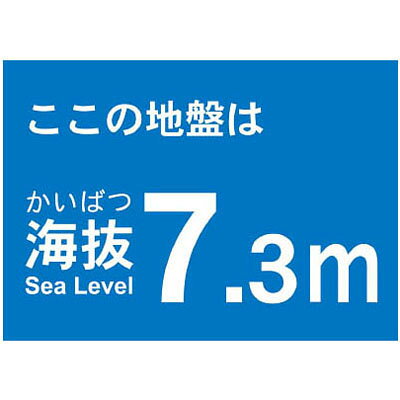 特徴屋内外使用可能です。仕様取付方法：貼付タイプ縦×横：120×170mm取付仕様：粘着シール表示内容：ここの地盤は海抜7.3m質量(g)：17材質・仕上げ塩化ビニール(PVC)注意事項貼り付ける面のゴミ・油等を拭きとってください。生産国 日本