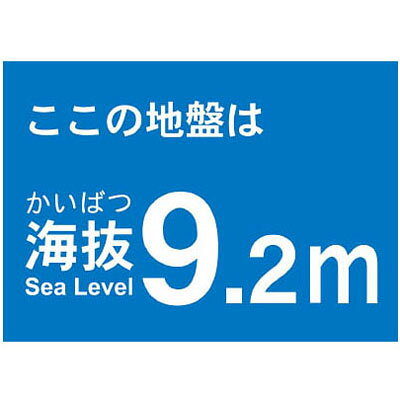 特徴屋内外使用可能です。仕様取付方法：貼付タイプ縦×横：120×170mm取付仕様：粘着シール表示内容：ここの地盤は海抜9.2m質量(g)：17材質・仕上げ塩化ビニール(PVC)注意事項貼り付ける面のゴミ・油等を拭きとってください。生産国 日本