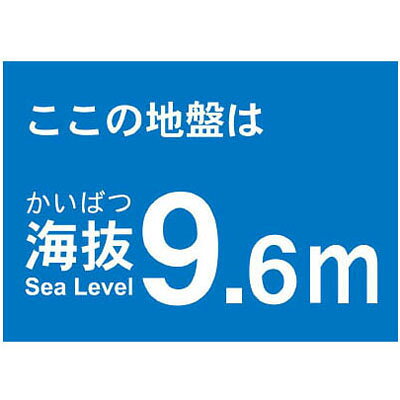 特徴屋内外使用可能です。仕様取付方法：貼付タイプ縦×横：120×170mm取付仕様：粘着シール表示内容：ここの地盤は海抜9.6m質量(g)：17材質・仕上げ塩化ビニール(PVC)注意事項貼り付ける面のゴミ・油等を拭きとってください。生産国 日本