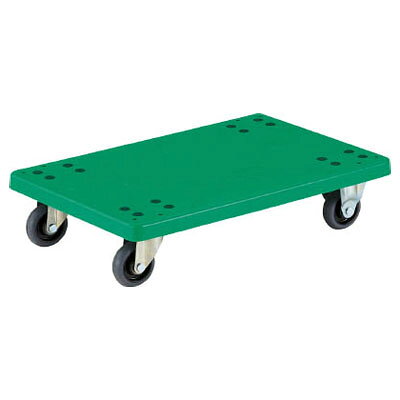 特徴堅牢なリブ構造で耐久性に優れた樹脂台車です。再生ポリプロピレン樹脂を使用し環境に配慮した台車です。天板寸法より大きい商品が運べます。平台車仕様完成品自在キャスター、固定キャスター各2個均等荷重(kg)：200色：グリーン長さ(mm)：7...