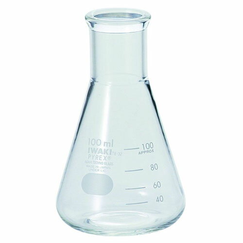 特徴受器や滴定分析用容器などに用います。三角形状のフラスコ用途理化学実験に仕様容量：100ml素材：硝子目盛：20ml円筒部：外径φ29(内径φ24)×長さ33mm最大外径：65mm高さ：110mm質量：74g