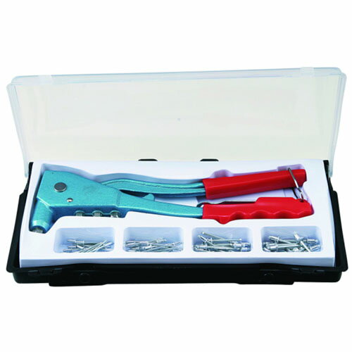 ブランドリベットとリベッターがセットに！すぐに使えるフルセット品。特徴ブラインドリベットの締結に。ハンドリベッタと使用頻度の高いブラインドリベットのセットです。仕様適応リベットサイズ：2.4、3.2、4.0、4.8mm重量(g)：776セッ...