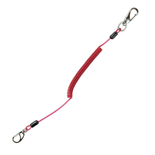 工具類の落下防止アイテムワイヤーΦ1ミリが入って耐荷重5kgの強さ。接続ワイヤー付自然長 430mmコイル部 105mm最大伸長 1,600mm使用荷重 5kg