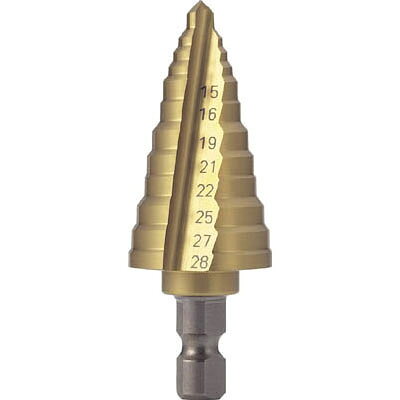 【仕様】●段幅：3.5mm●段数：6段●シャンク径：10mm●穴あけ寸法：21、22、27、28、33、34mm●表面処理：チタンコーティング●質量：195g【特徴】●電気・設備工事用サイズで構成しています。●先端シンニング付ですので軽い食...