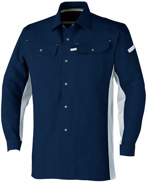 特徴マルチ機能と搭載した、多機能作業服。バイカラーデザインで、上下別色のコーディネートもできます。仕様カラー：ネイビー(配色カラー：シルバー)サイズ：M胸囲：110肩巾：43袖丈：57着丈：73消臭テープ付左胸ポケット(巾17cm×深さ16...