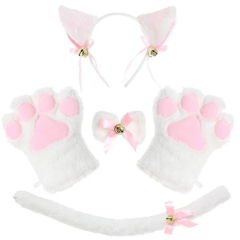 猫耳カチューシャ ねこ コスチューム 4点セット コスプレ 小物 チョーカー 肉球手袋 しっぽ 蝶結び 鈴設計 可愛い ハロウィン 仮装小物 可愛いハロウィン仮装小物 "メイン素材：ポリエステル★セット内容：猫耳カチューシャ+首輪+しっぽ+...