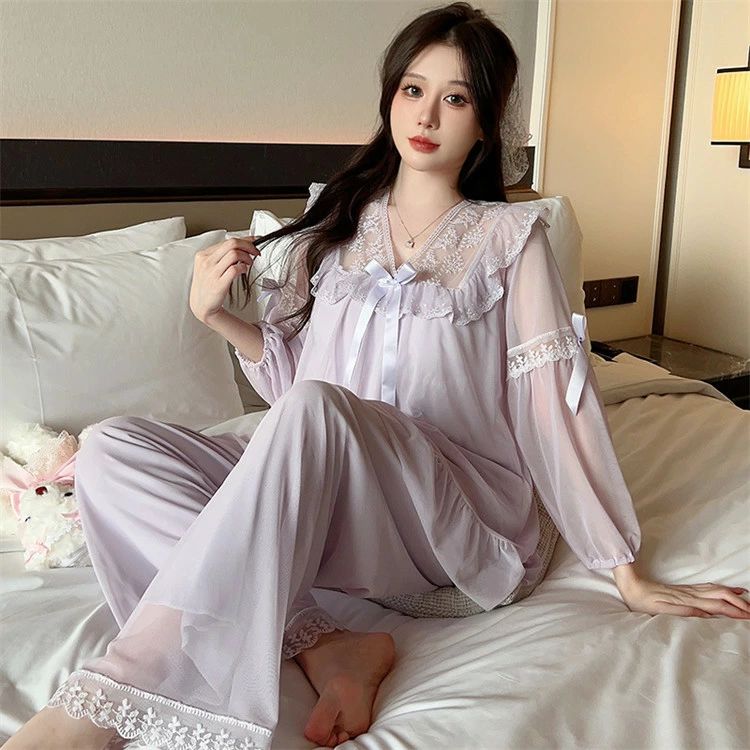 ルームウェア レディース 春秋 夏 姫 九分袖 レースパジャマ チュール 胸パット付き vネック 上下セット 2点セット ナイトウエア フリル裾 シンプル カジュアル ゆったり おしゃれ 部屋着 ルームウェア レディース 春秋 夏 姫 九分...