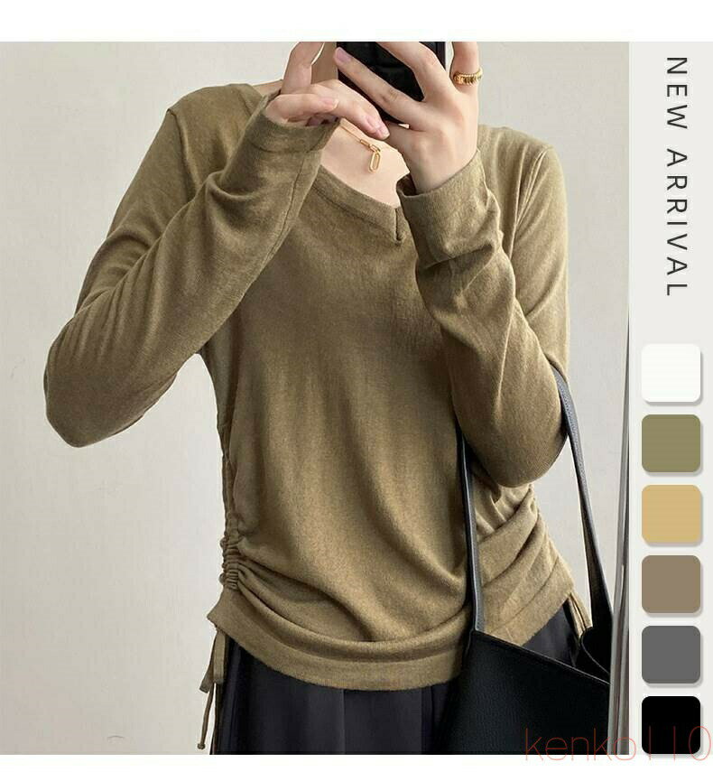 6色カラバリ、Vネック長袖ニットソー。サイドのドロストデザインのシャーリングがアクセントに◎【カラー】ホワイト、イエロー、カーキ、ライトブラウン、グレー、ブラック【サイズ】ワンサイズ(単位：cm)肩幅42、袖丈64、バスト78、裾周り72、...