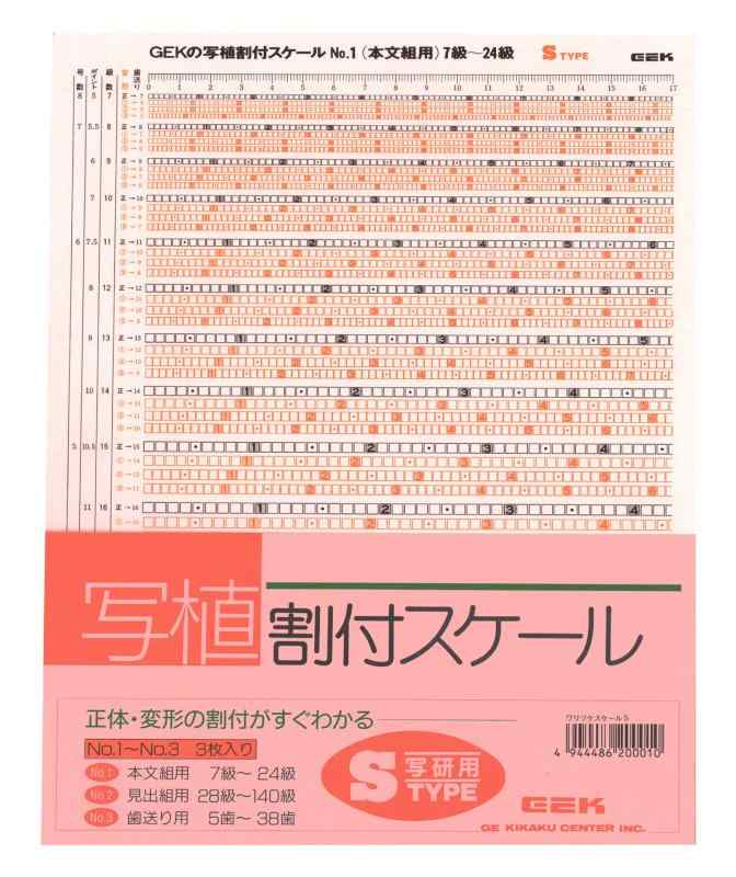 GE企画センター 写植割付スケール Sタイプ 写研用 3枚組正体と変形を同一級数で網羅、ツメ打ちの指定もしやすいフィルム製の写植 級数表。級(Q)以外に、ポイント表示も付いている。