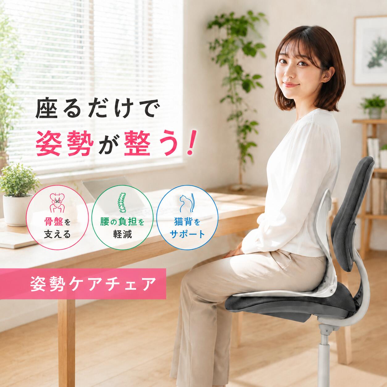 商品名：美臀サポート姿勢ケアチェア（折りたたみ回転クッション） デスクワークの多い方、姿勢に悩む方にぜひ試していただきたいのが、この姿勢ケアチェアです。 骨盤をしっかり支え、腰への負担を軽減しながら、自然と背筋が伸びるよう設計されています。...
