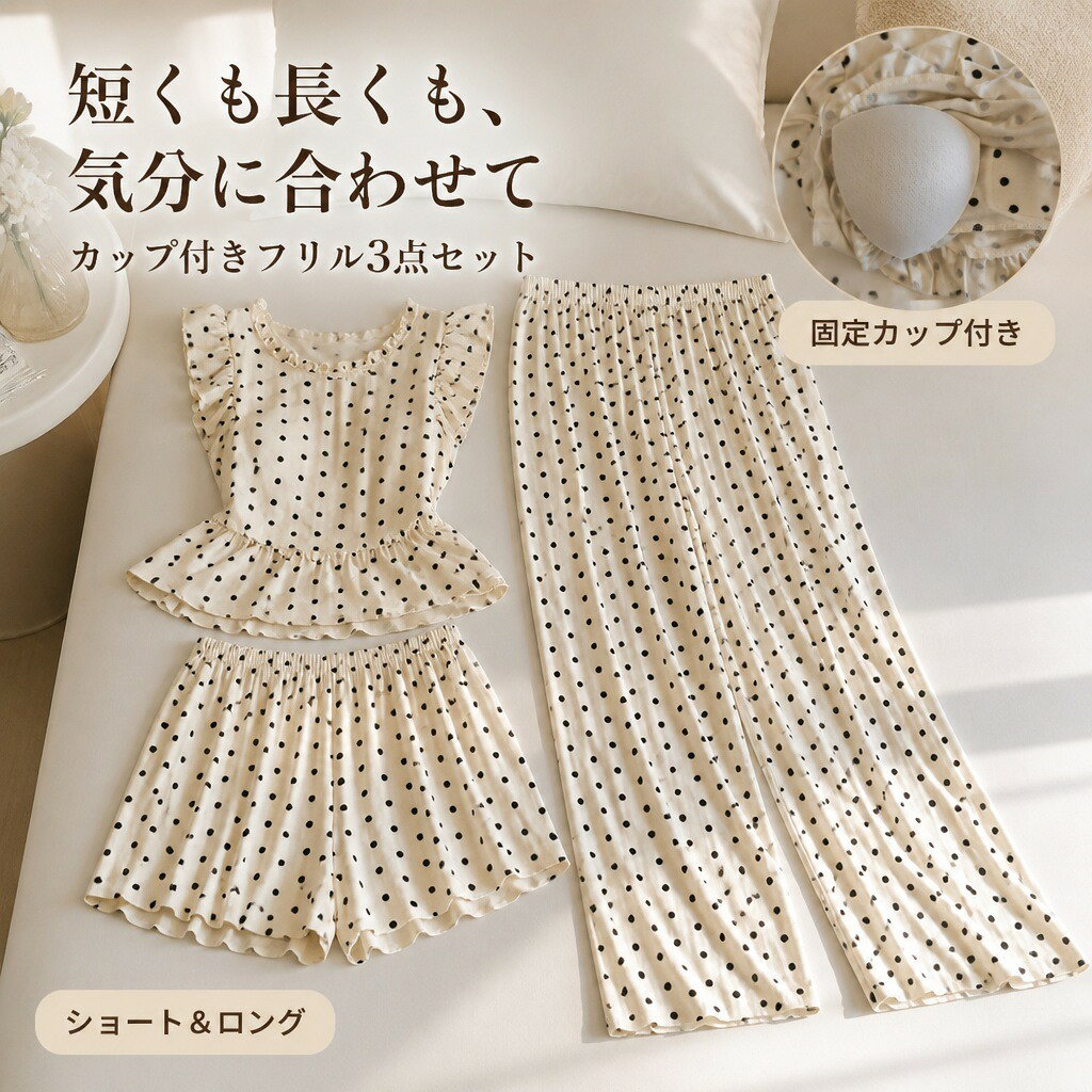商品説明ノースリーブトップス、ショートパンツ、ロングパンツを同色で揃えたレディース用3点ルームウェアです。トップスは固定カップ付きで、襟元と肩、裾にやわらかなフリルを配したデザイン。薄手のモダール素材を使い、ラベンダー／クリームイエロー／ア...