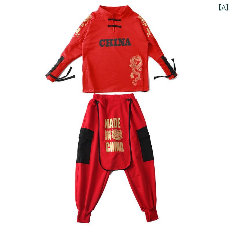 子供服 ダンス衣装 ヒップホップ 中国風 武術 パフォーマンス 練習着 上下セット 綿