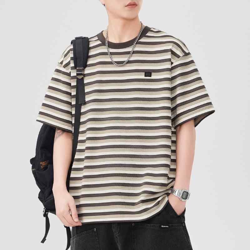 Tシャツ メンズ 男性用 半袖 ストライプ 切り替え レトロ風 コットン混紡 ゆったり ラウンドネック トップス 春夏 ドロップショルダー カジュアル リラックス 深グレー コーヒー色 ブラック 吸湿性